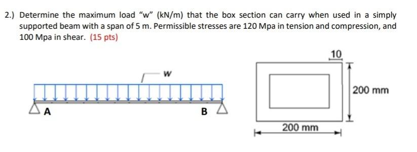 Solved 2.) Determine the maximum load "w" (kN/m) that the | Chegg.com