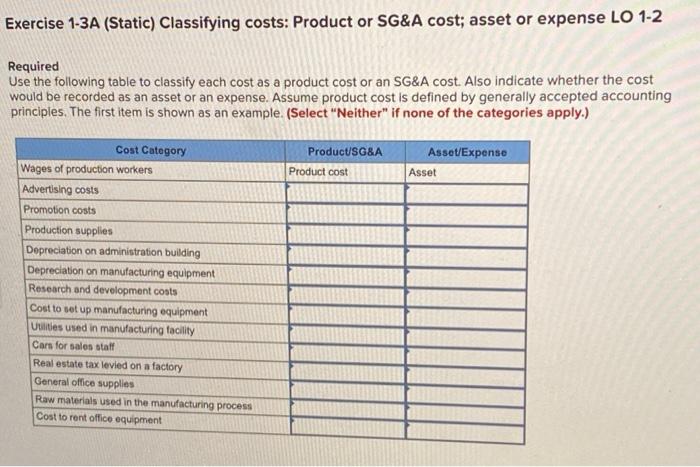 Solved Exercise 1-3A (Static) Classifying costs: Product or | Chegg.com