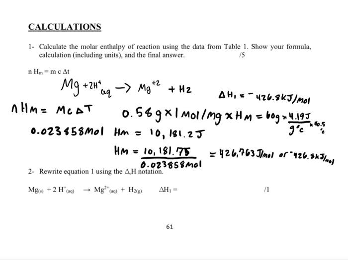 Solved CALCULATIONS Mg + 1- Calculate the molar enthalpy of | Chegg.com