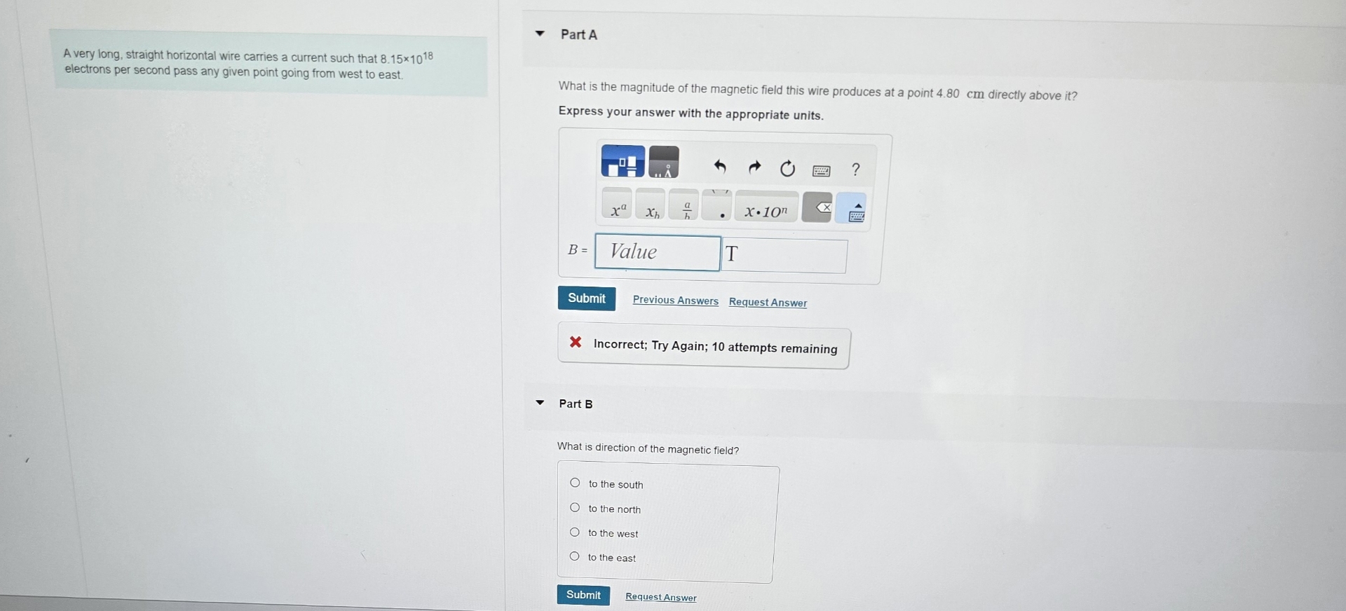 Solved A very long, straight horizontal wire carries a | Chegg.com