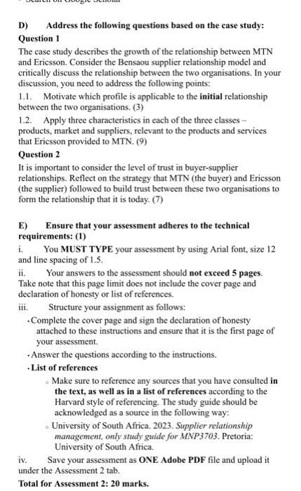 Solved D) Address the following questions based on the case | Chegg.com