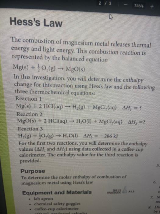2/3 156% + Hess's Law The combustion of magnesium | Chegg.com