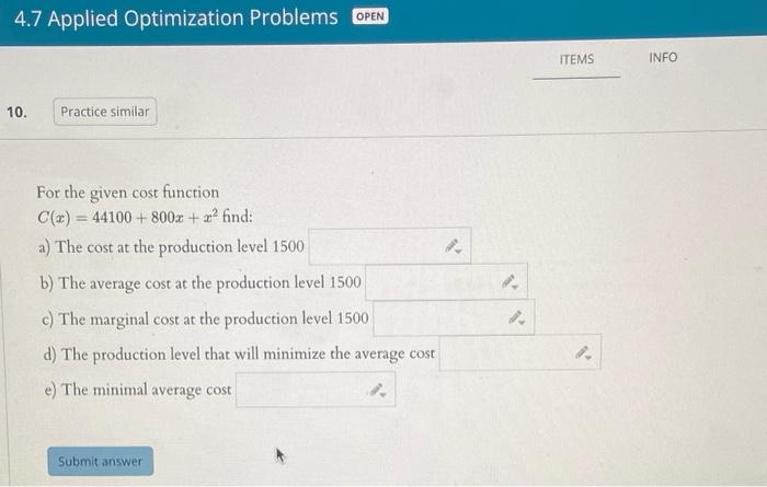 Solved For the given cost function C(x)=44100+800x+x2 find: | Chegg.com