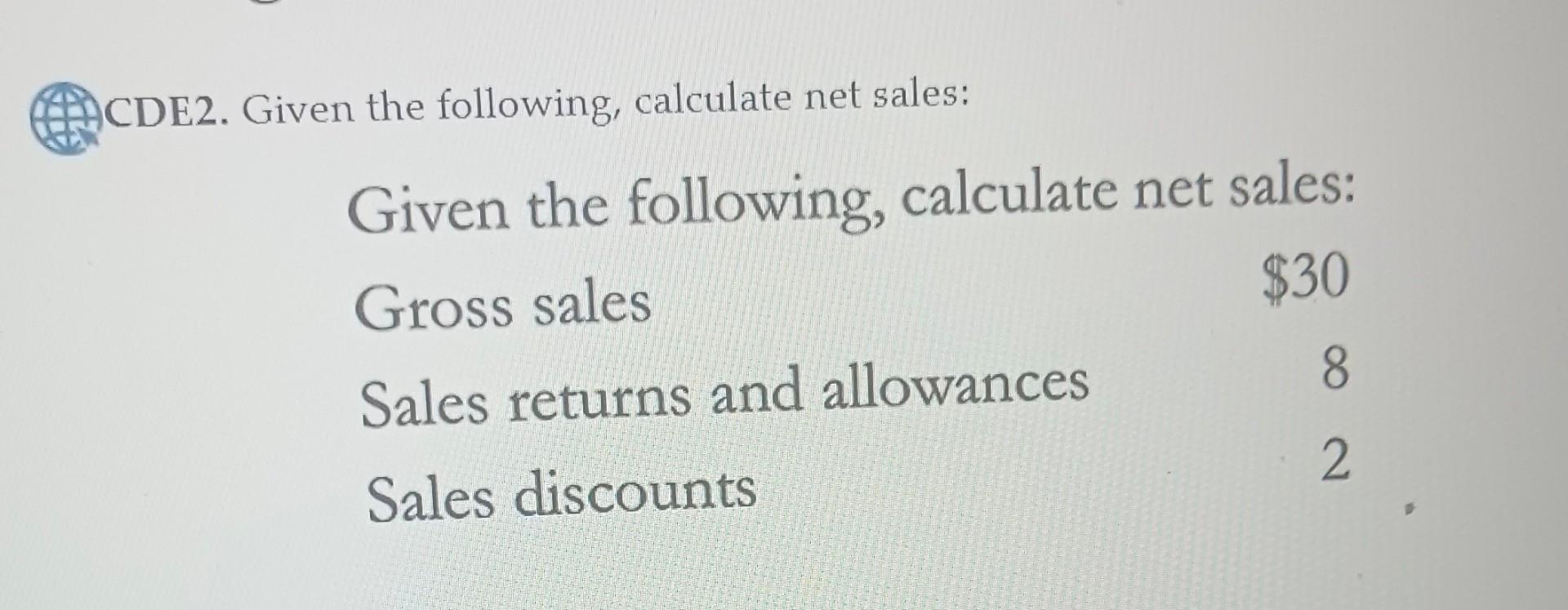 Solved (2)CDE2. Given the following, calculate net sales: | Chegg.com