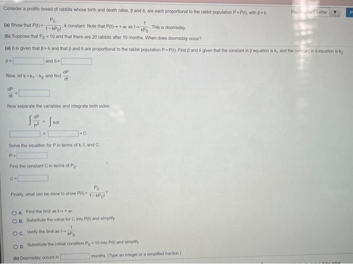 Solved Consider a prolific breed of rabbits whose birth and | Chegg.com