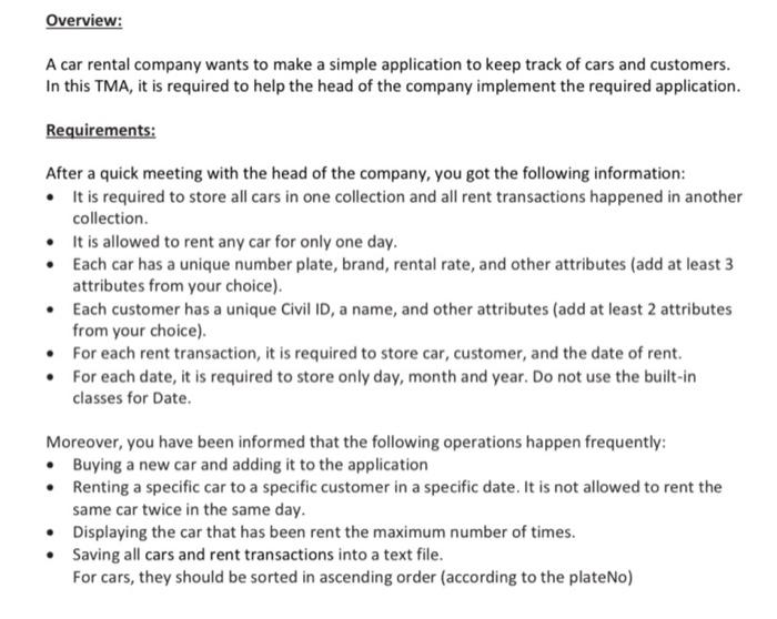 Solved A car rental company wants to make a simple | Chegg.com