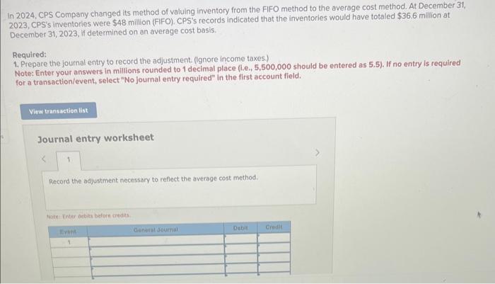 Solved In 2024, CPS Company changed its method of valuing | Chegg.com