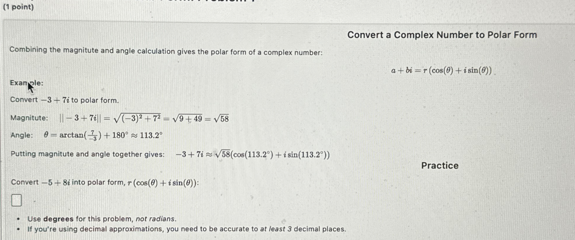Solved (1 ﻿point)Convert a Complex Number to Polar | Chegg.com