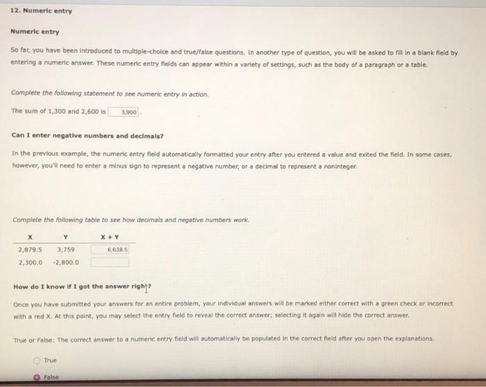Solved 12. Numeric entry Numeric entry So far, you have been | Chegg.com