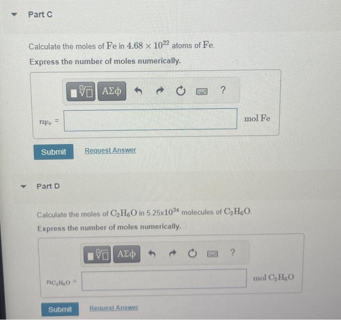 Solved Calculate the moles of Fe in 4.68×1022 atoms of Fe. | Chegg.com