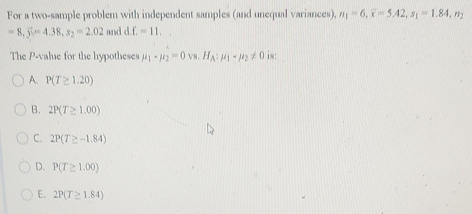 Solved For a two-sample problem with independent samples | Chegg.com