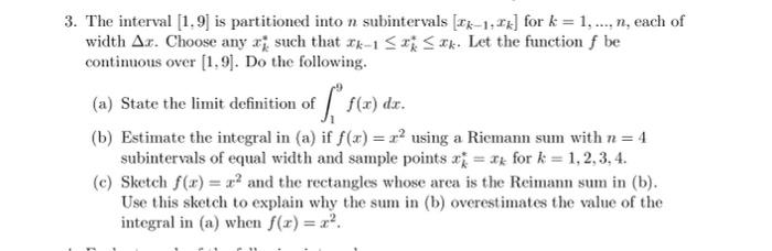 Solved 3. The interval [1,9] is partitioned into n | Chegg.com