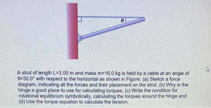 Solved A strut of length L=3.00 m and mass m=16.0 kg is held | Chegg.com