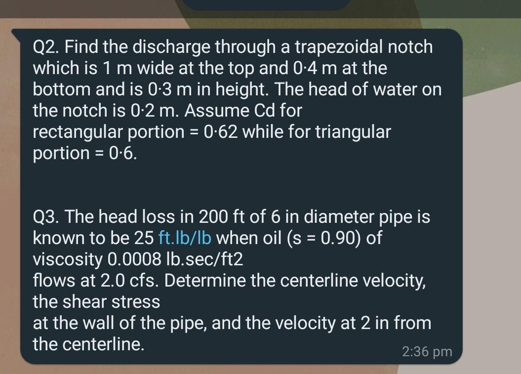 Solved Q2. Find the discharge through a trapezoidal notch | Chegg.com