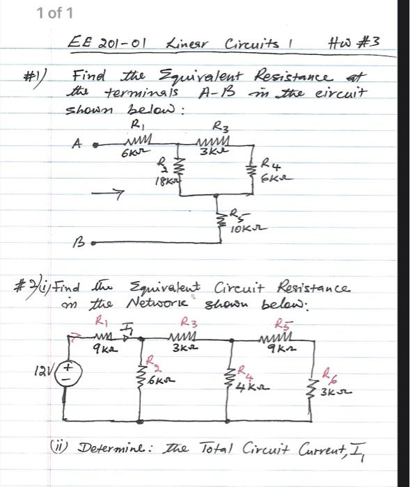 Solved 1 of 1 #1) EE 201-01 Linear Circuits I Hw #3 Find the | Chegg.com