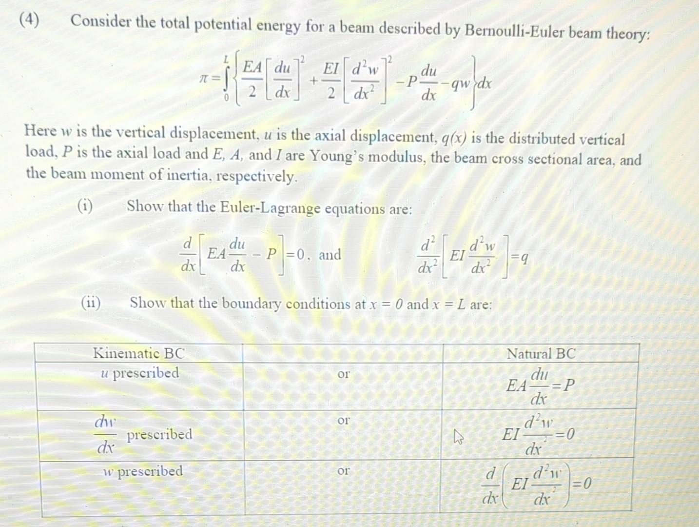 Solved (4) Consider the total potential energy for a beam | Chegg.com
