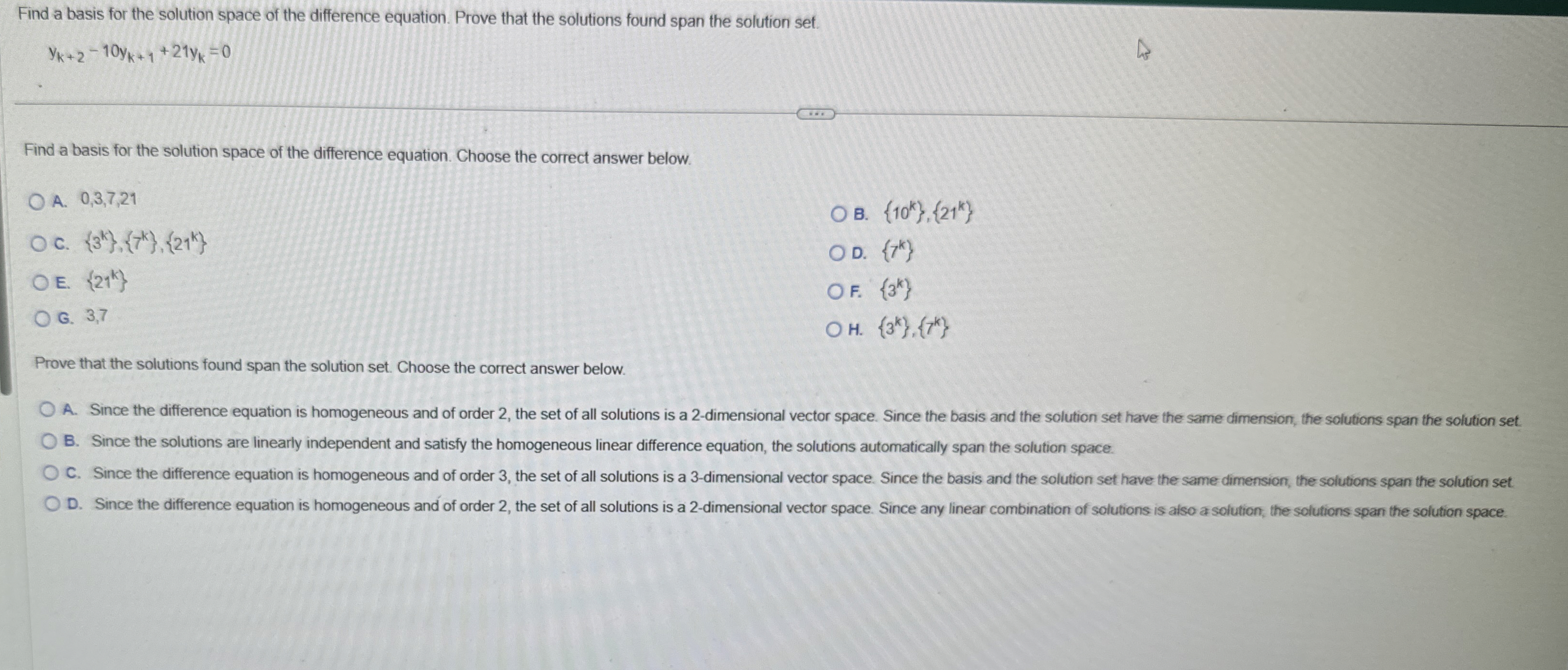 Solved Find a basis for the solution space of the difference | Chegg.com
