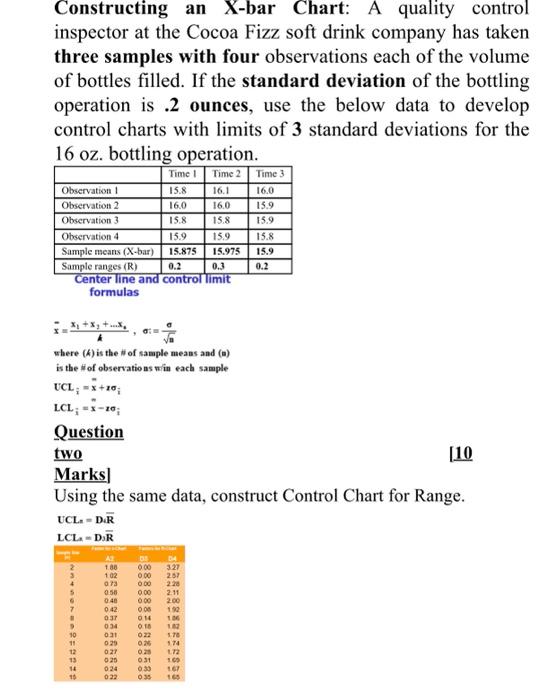 Solved Constructing An X bar Chart A Quality Control Chegg