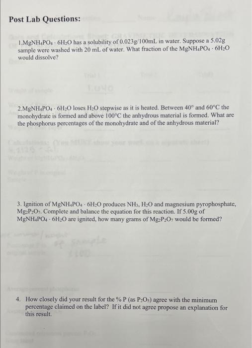 Solved Post Lab Questions: 1.MgNH4PO4 6H₂O has a solubility | Chegg.com