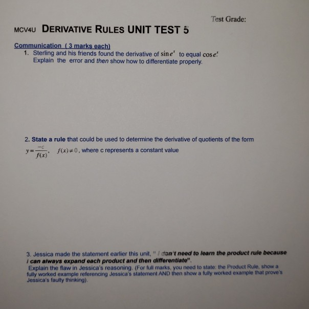 Solved Test Grade: MCV4U DERIVATIVE RULES UNIT TEST 5 | Chegg.com