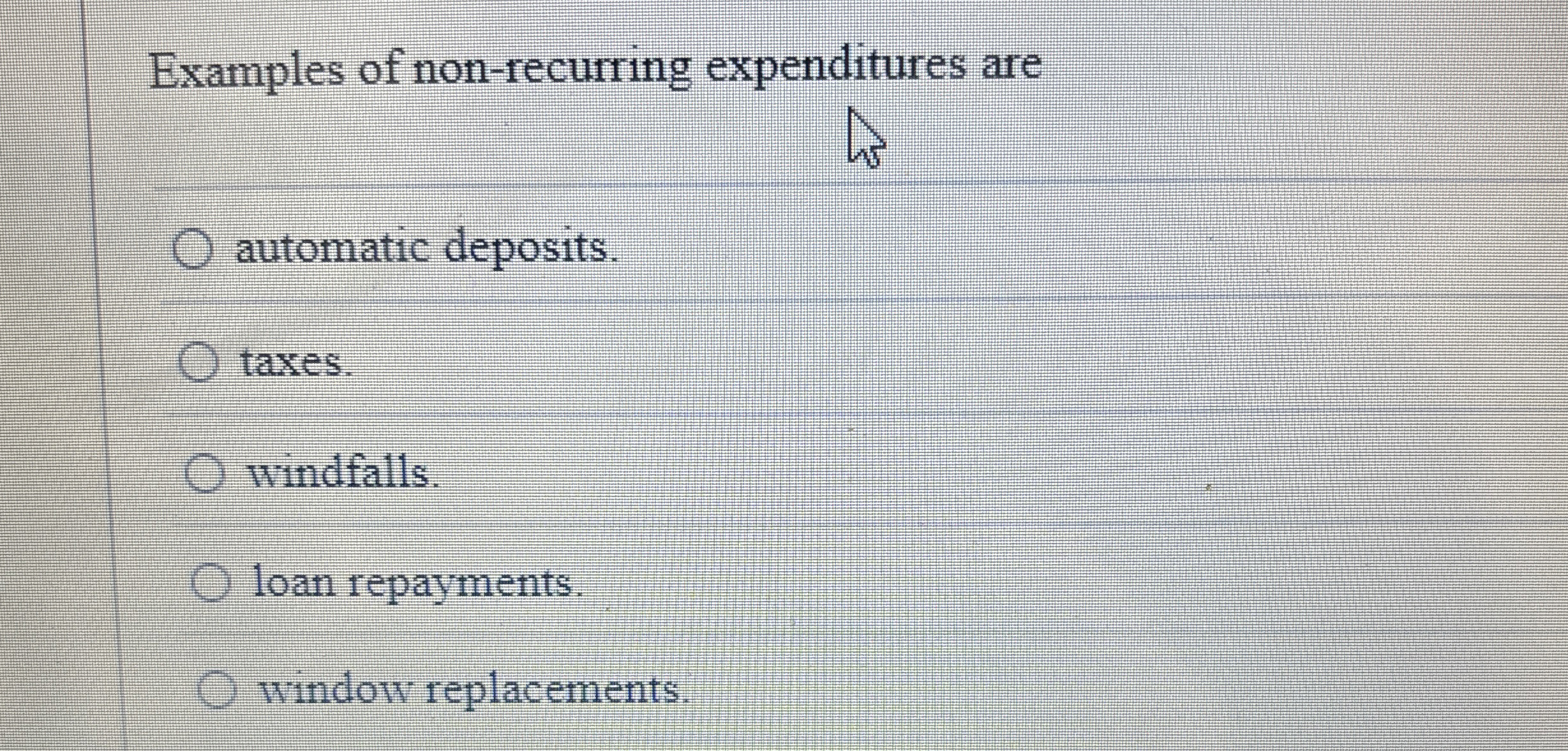 Solved Examples of non-recurring expenditures areautomatic | Chegg.com