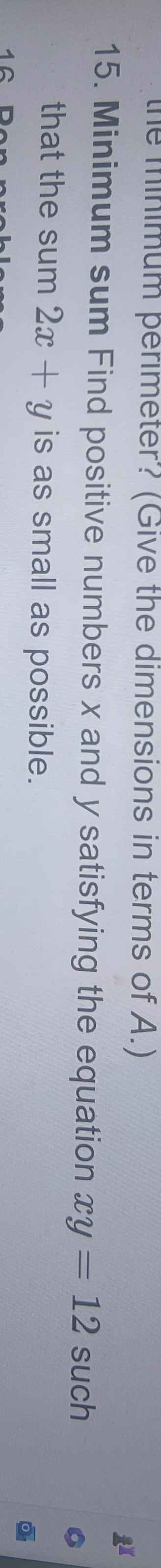 Solved Minimum sum Find positive numbers x ﻿and y | Chegg.com