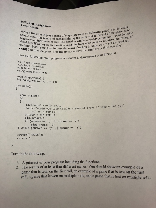 Solved Engr 40 Assignment Craps Game Write A Function To