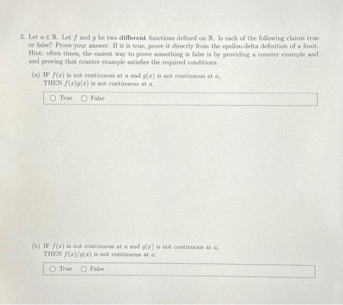 Solved 3. Let a∈R. Let f and g be two different functions | Chegg.com