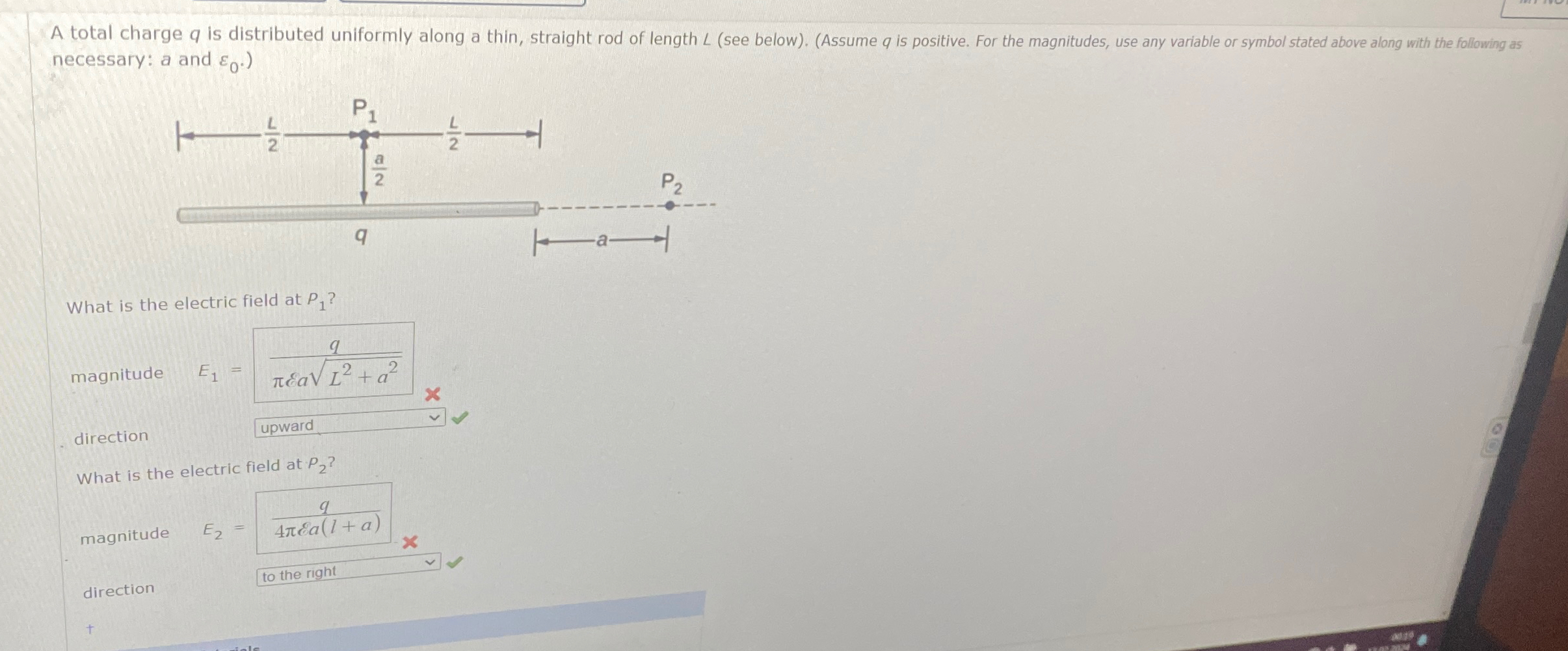 Solved A total charge q ﻿is distributed uniformly along a | Chegg.com