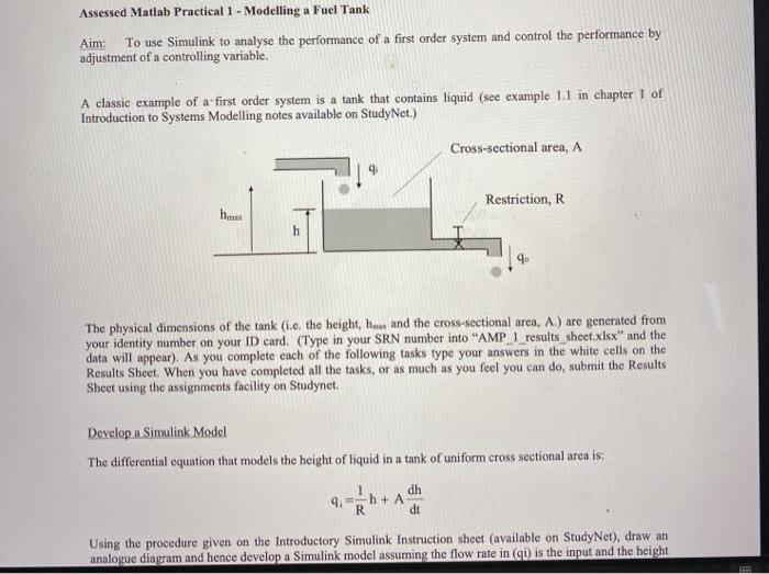 Solved Assessed Matlab Practical 1 - Modelling a Fuel Tank | Chegg.com