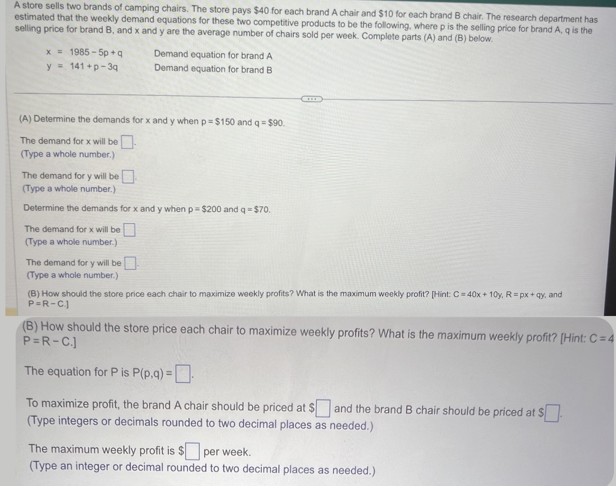 Solved s of camping chairs. The sto chs demand equations he | Chegg.com
