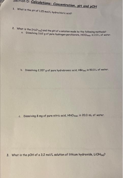 Solved Section B: Calculating pH and Hydronium Ion | Chegg.com
