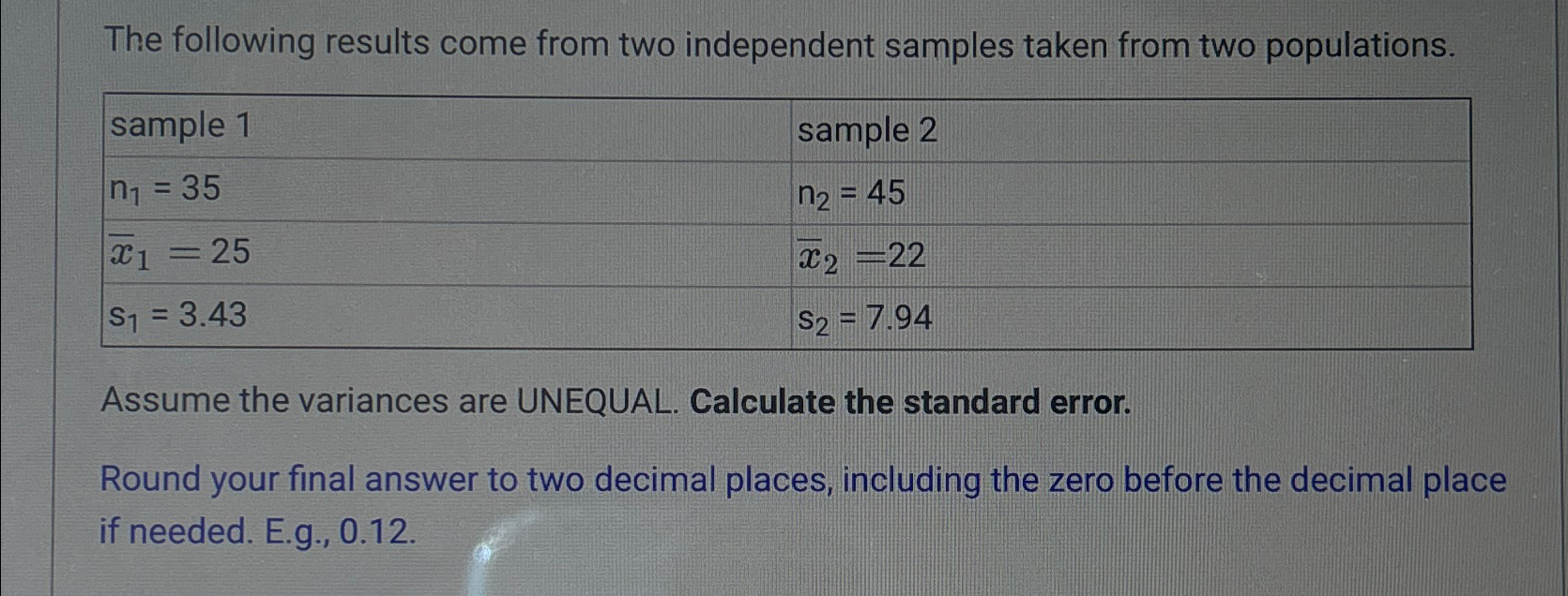 Solved The following results come from two independent | Chegg.com
