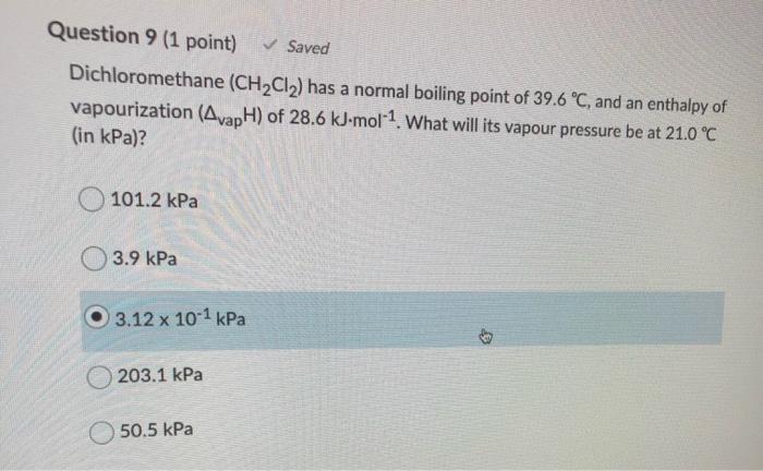 Solved Question 9 (1 point) Saved Dichloromethane (CH2Cl2) | Chegg.com