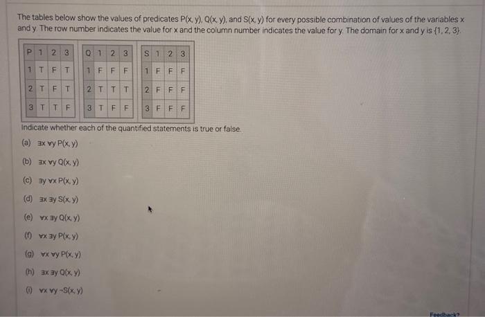 Solved The tables below show the values of predicates | Chegg.com