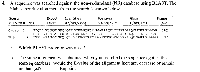 Solved A sequence was searched against the non-redundant | Chegg.com
