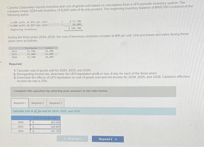 Solved es Cansela Corporation reports inventory and cost of | Chegg.com