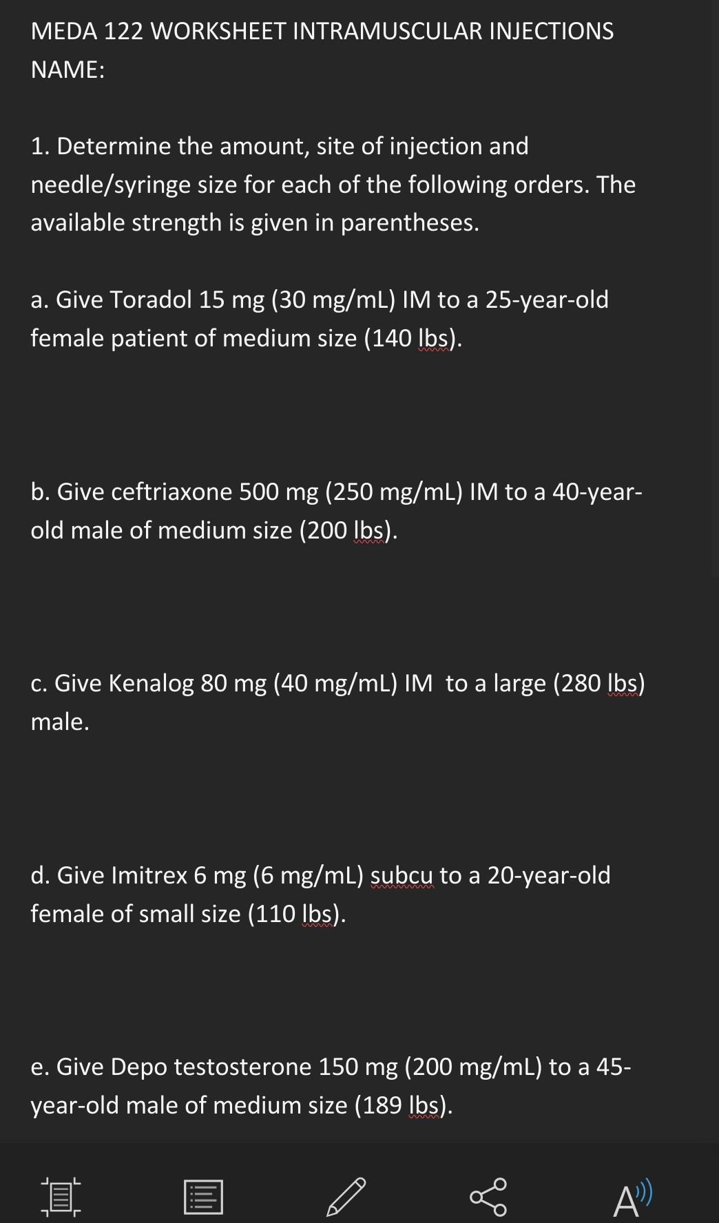 Solved MEDA 122 WORKSHEET INTRAMUSCULAR INJECTIONS NAME: 1. | Chegg.com