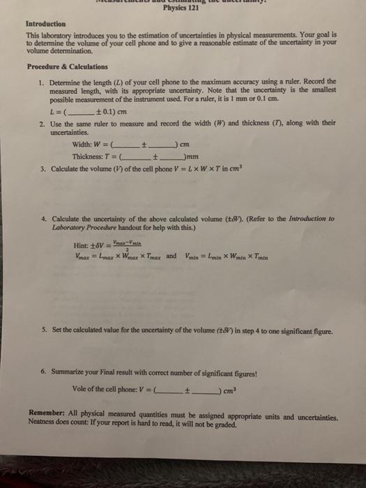 Solved Physics 121 Introduction This laboratory introduces | Chegg.com