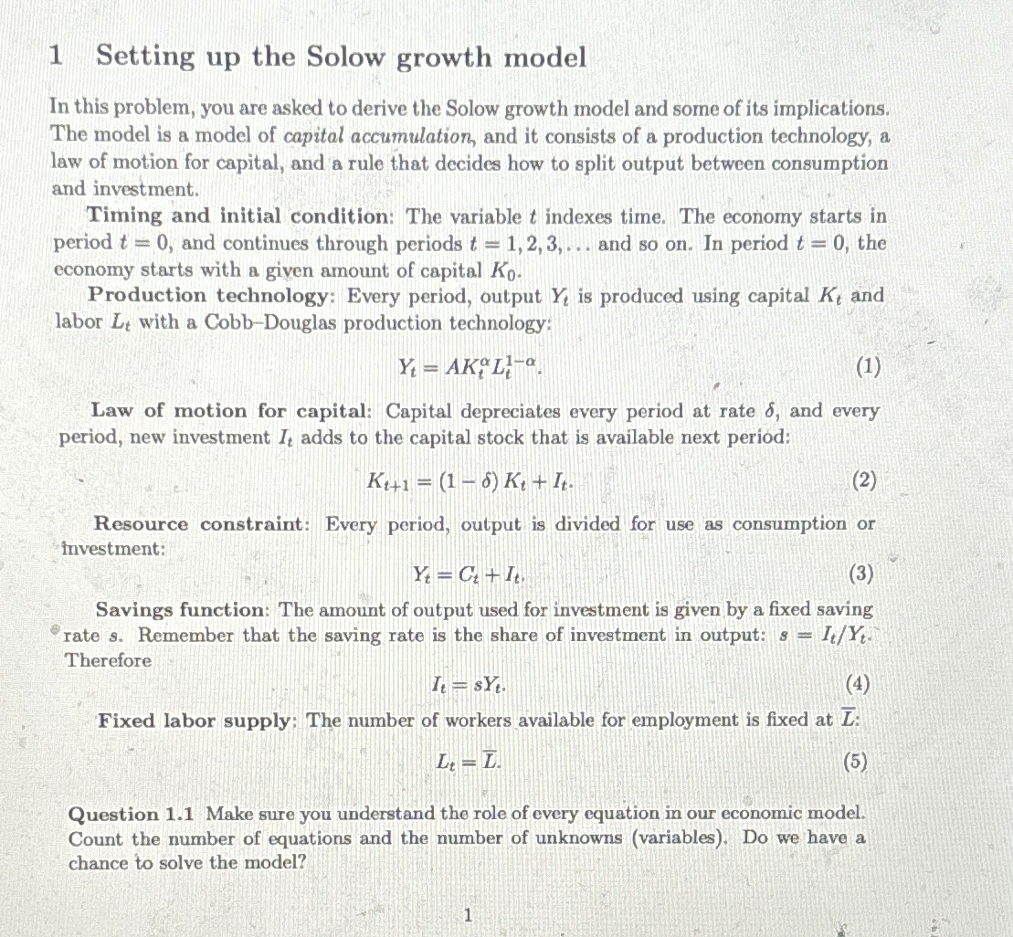 Solved 1 ﻿Setting up the Solow growth modelIn this problem, | Chegg.com