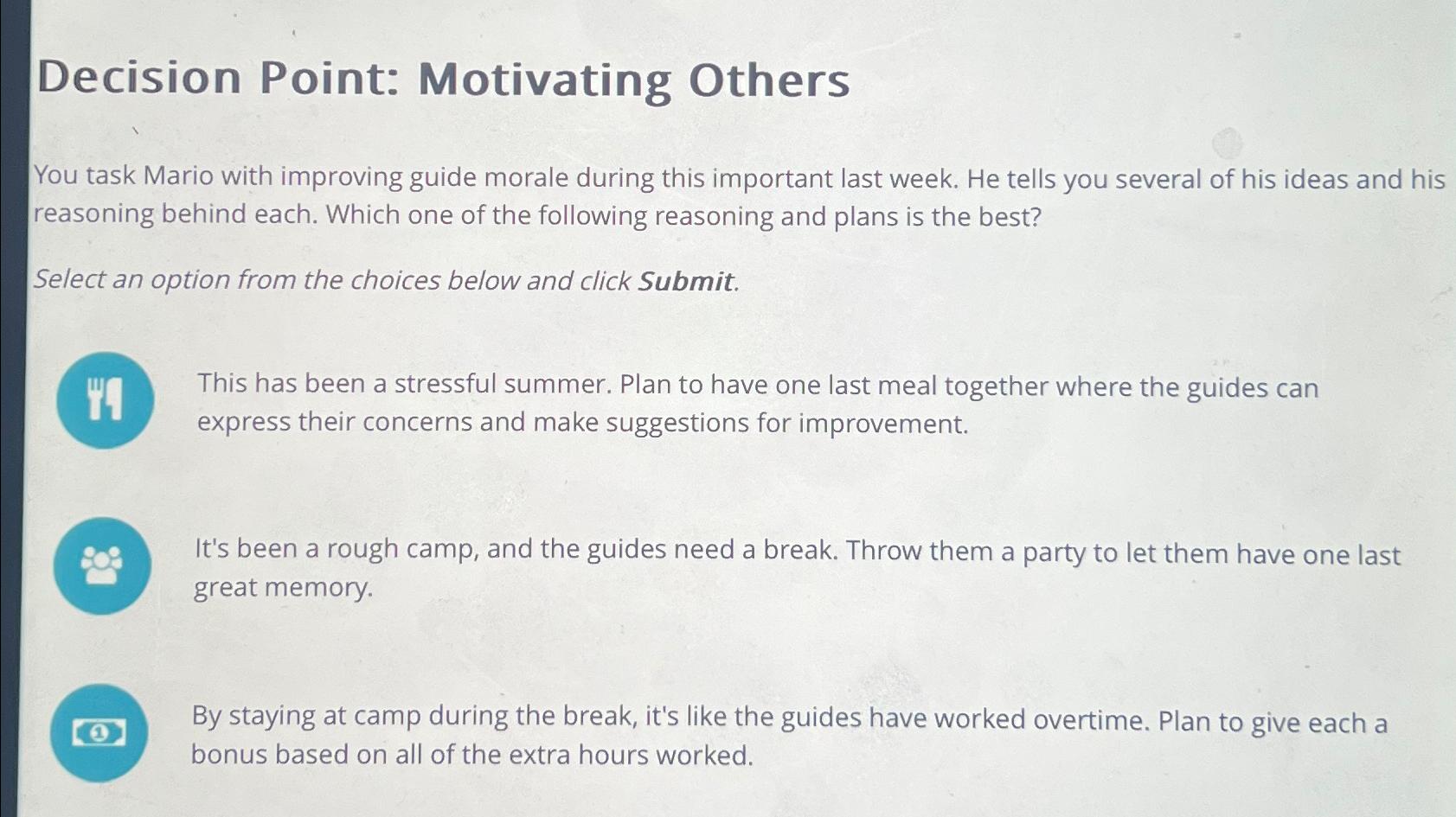 Solved Decision Point: Motivating OthersYou task Mario with | Chegg.com