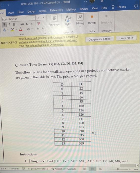 Solved Instructions: 1. Using excel, find (TFC, TVC, AFC, | Chegg.com