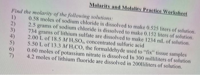 Solved Molarity and Molality Practice Worksheet Find the | Chegg.com