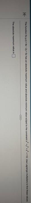 Solved The function f(x,y)=4x2+y2 has an absolule maximum | Chegg.com