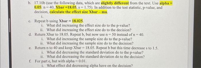 Solved b. 17.10b (use the following data, which are slightly | Chegg.com