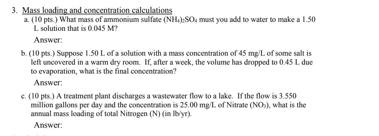 Solved 3. Mass loading and concentration calculations a. (10 | Chegg.com