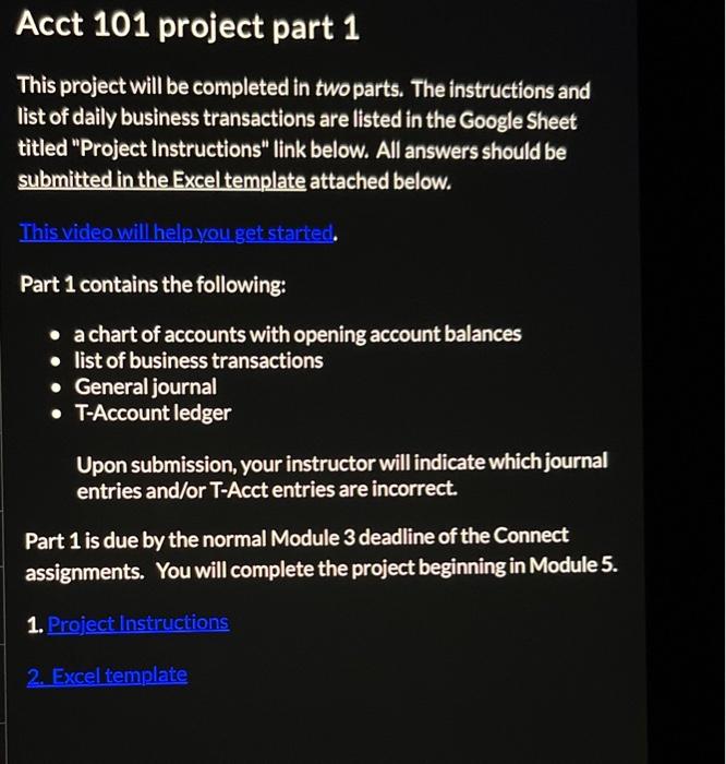 Acct 101 project part 1 This project will be | Chegg.com