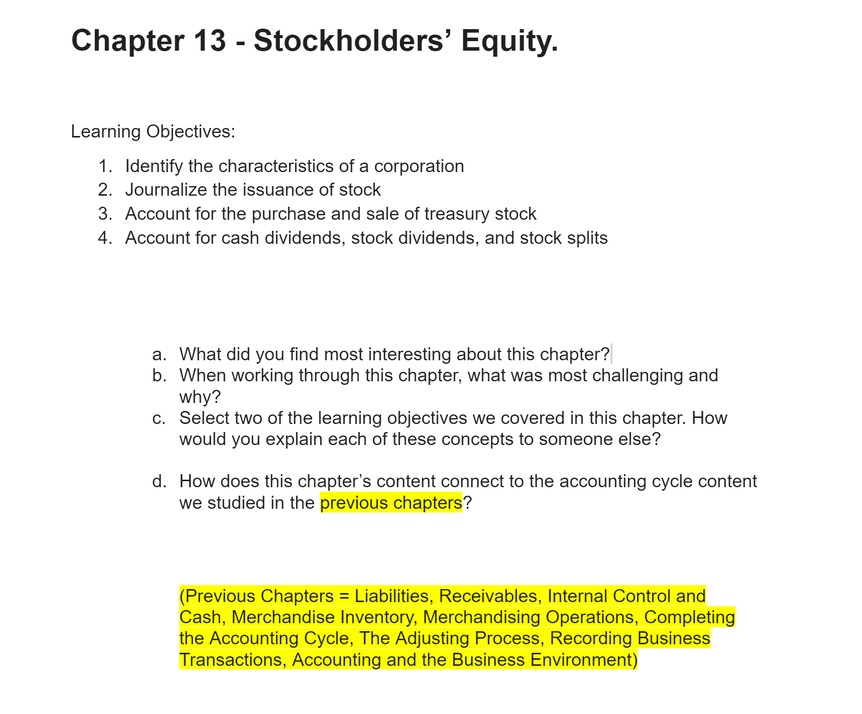Solved Chapter 13 - ﻿Stockholders' Equity.Learning | Chegg.com