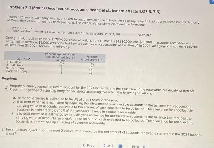 Solved Problem 7-4 (Static) Uncollectible accounts; | Chegg.com