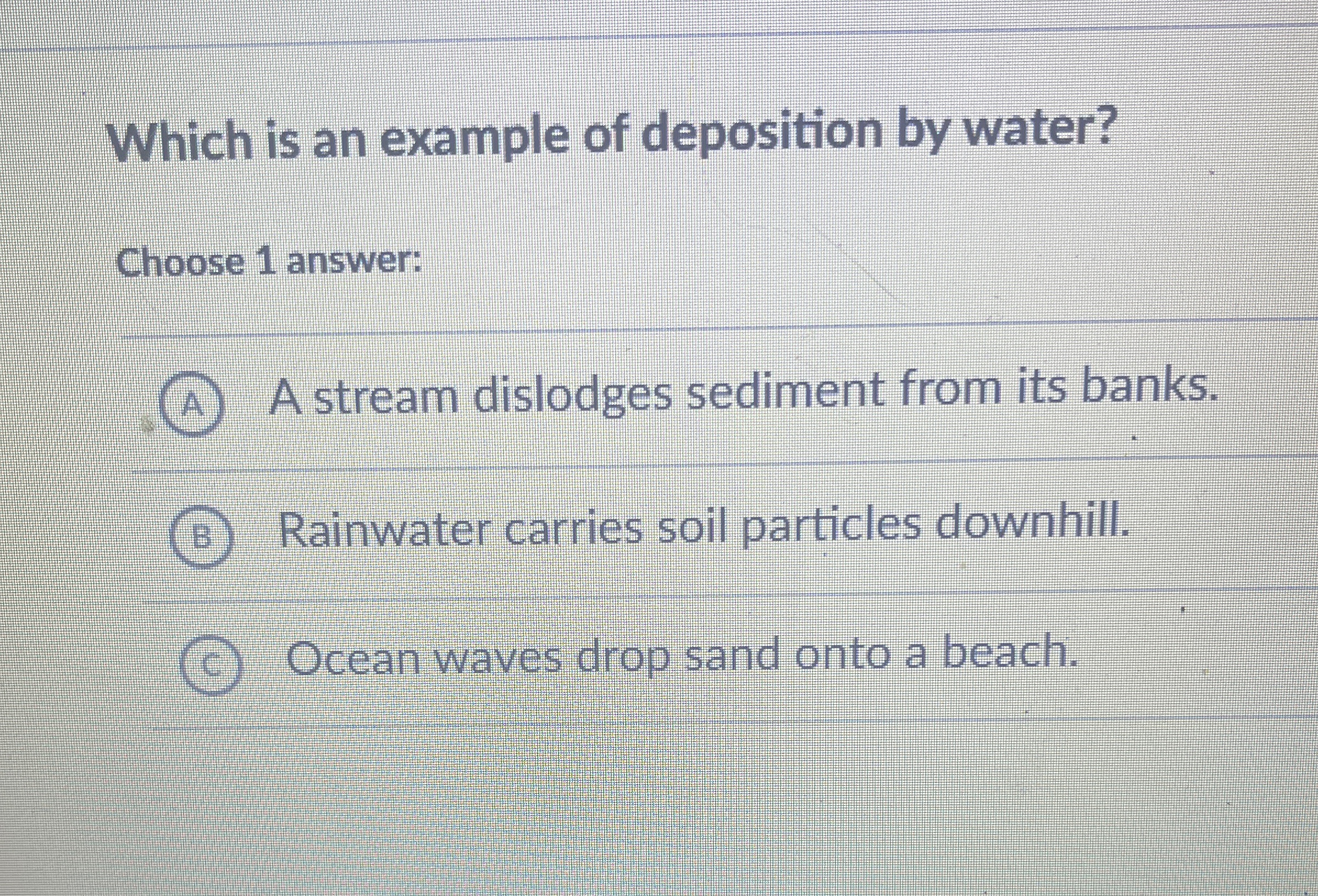 [Solved]: Which is an example of deposition by water? Choose